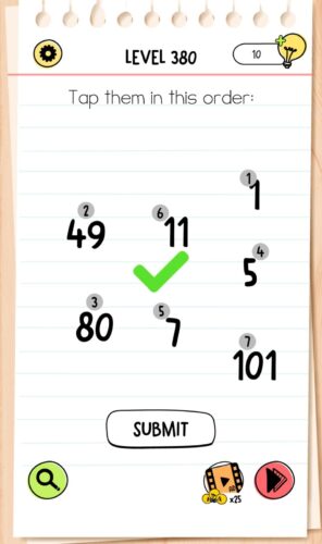 Brain Test All-Star Level 380 Tap them in this order: 1, 49, 80, 5, 7 ...